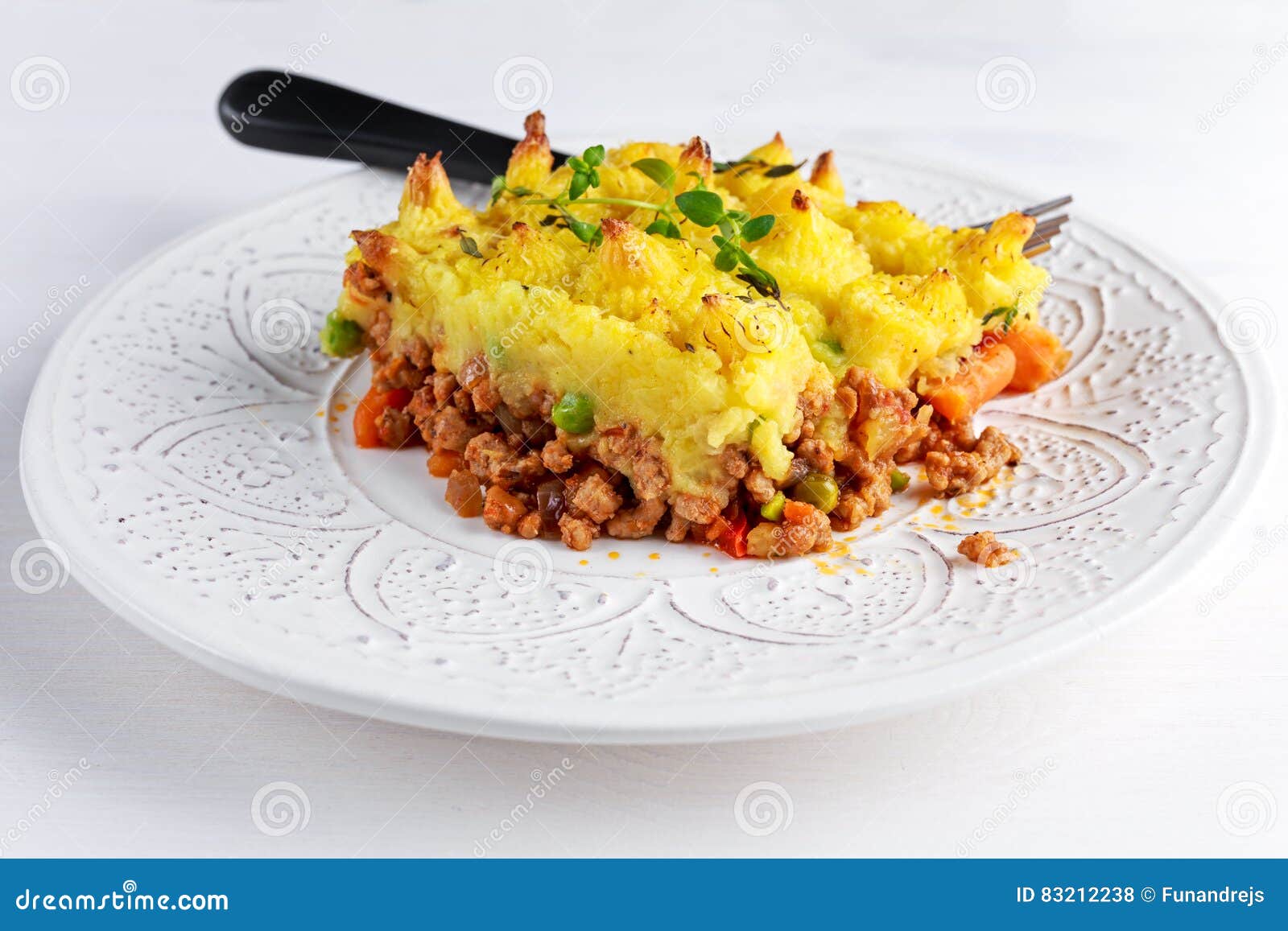 Traditional British Shepard Pie on White Plate Stock Photo - Image of ...