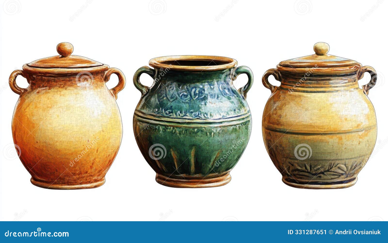 Traditional Ceramic Pots Displayed Together on a White Background Stock ...