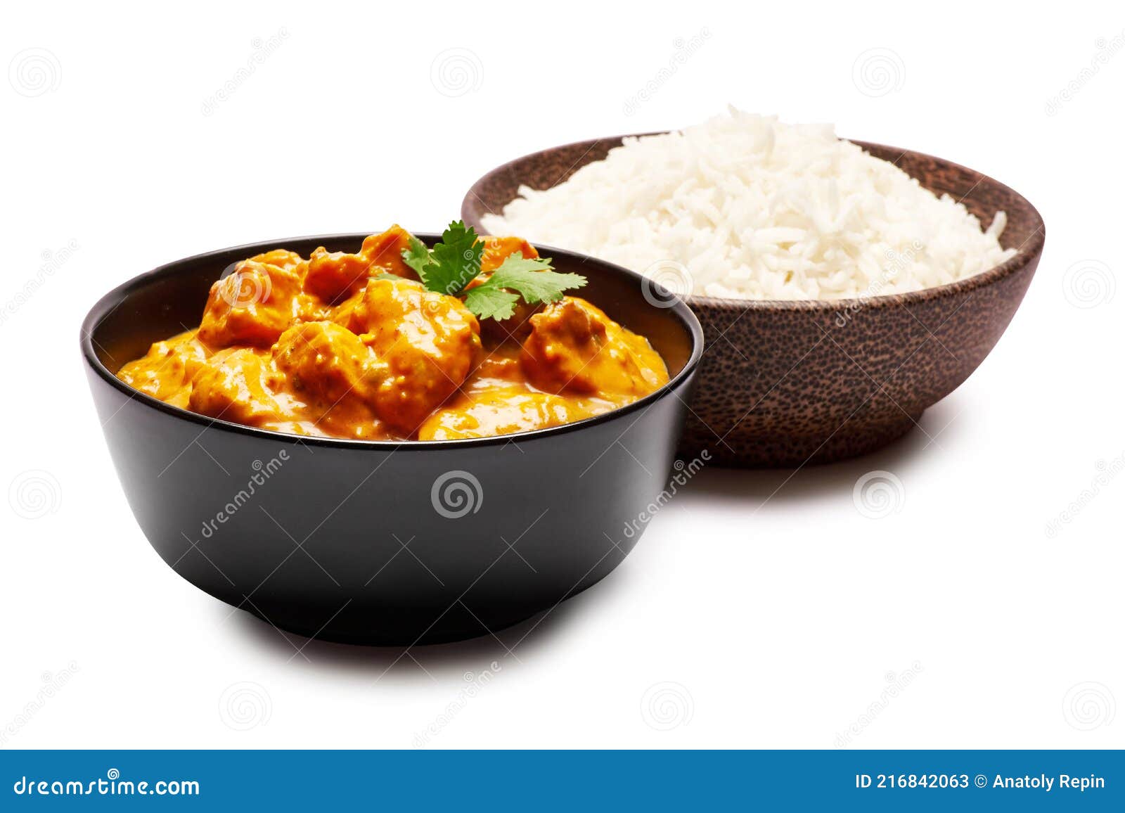 Traditional Chicken Curry and a Bowl of Boiled Rice Isolated on White ...