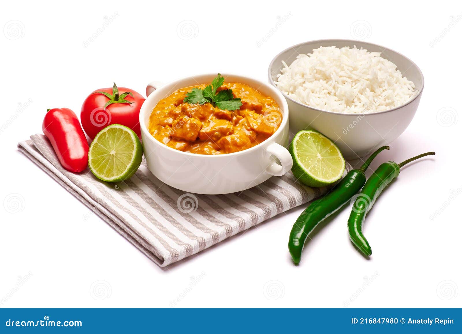 Traditional Chicken Curry and a Bowl of Boiled Rice Isolated on White ...