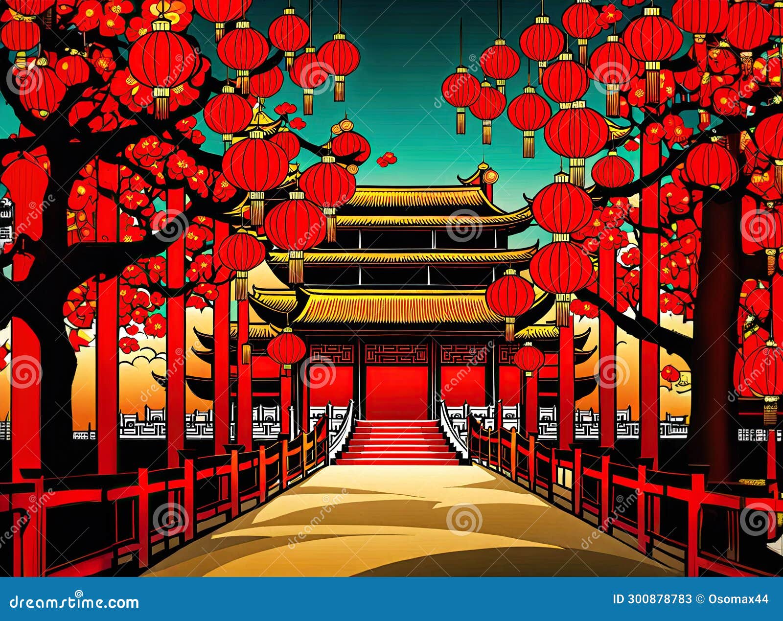 Traditional Chinese Construction, Path with Trees and Hanging ...