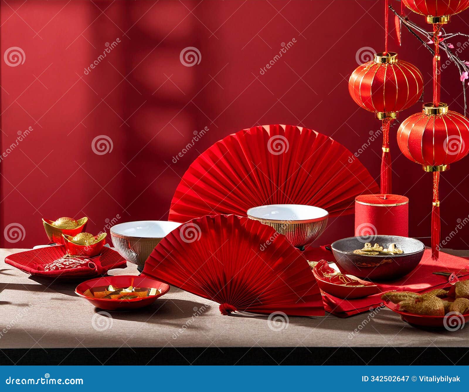 Traditional Chinese New Year Table with Red Decorations Stock ...
