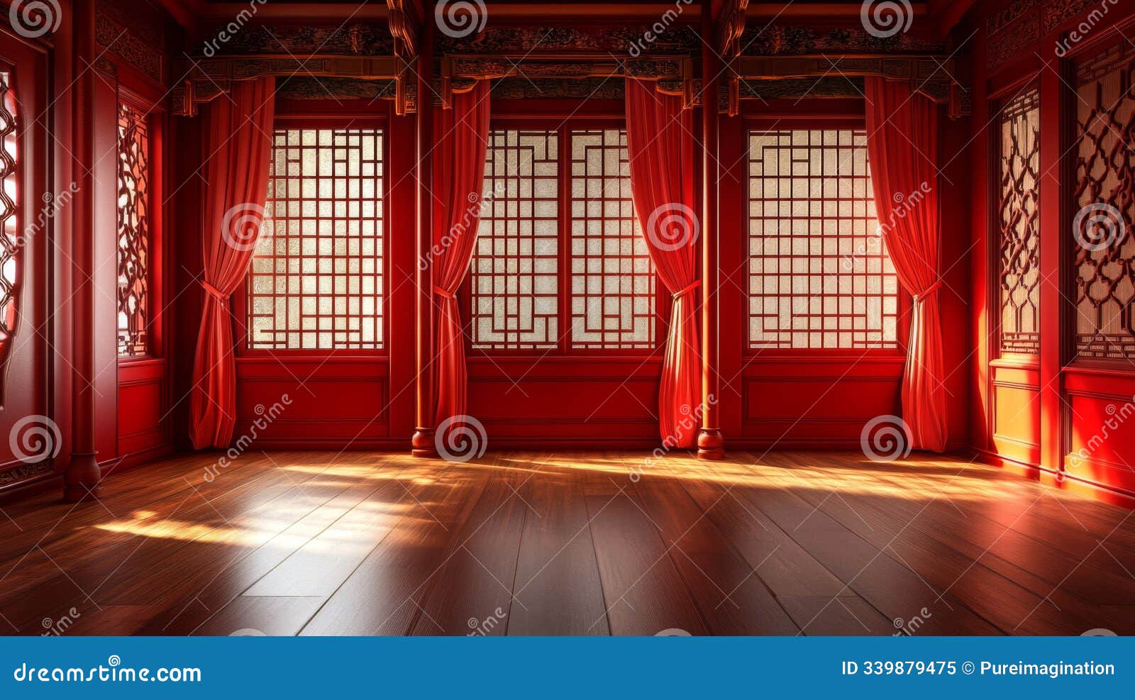 Traditional Chinese Room Interior with Red Curtains and Windows Stock ...