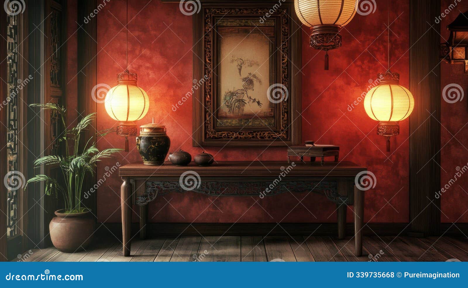 Traditional Chinese Room with Lanterns and Decor Stock Illustration ...