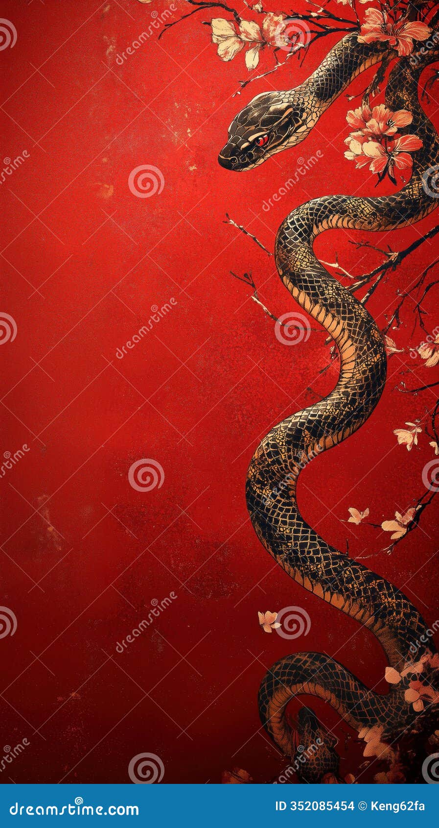 Traditional Chinese Snake Pattern on Red Background with Flowers Stock ...