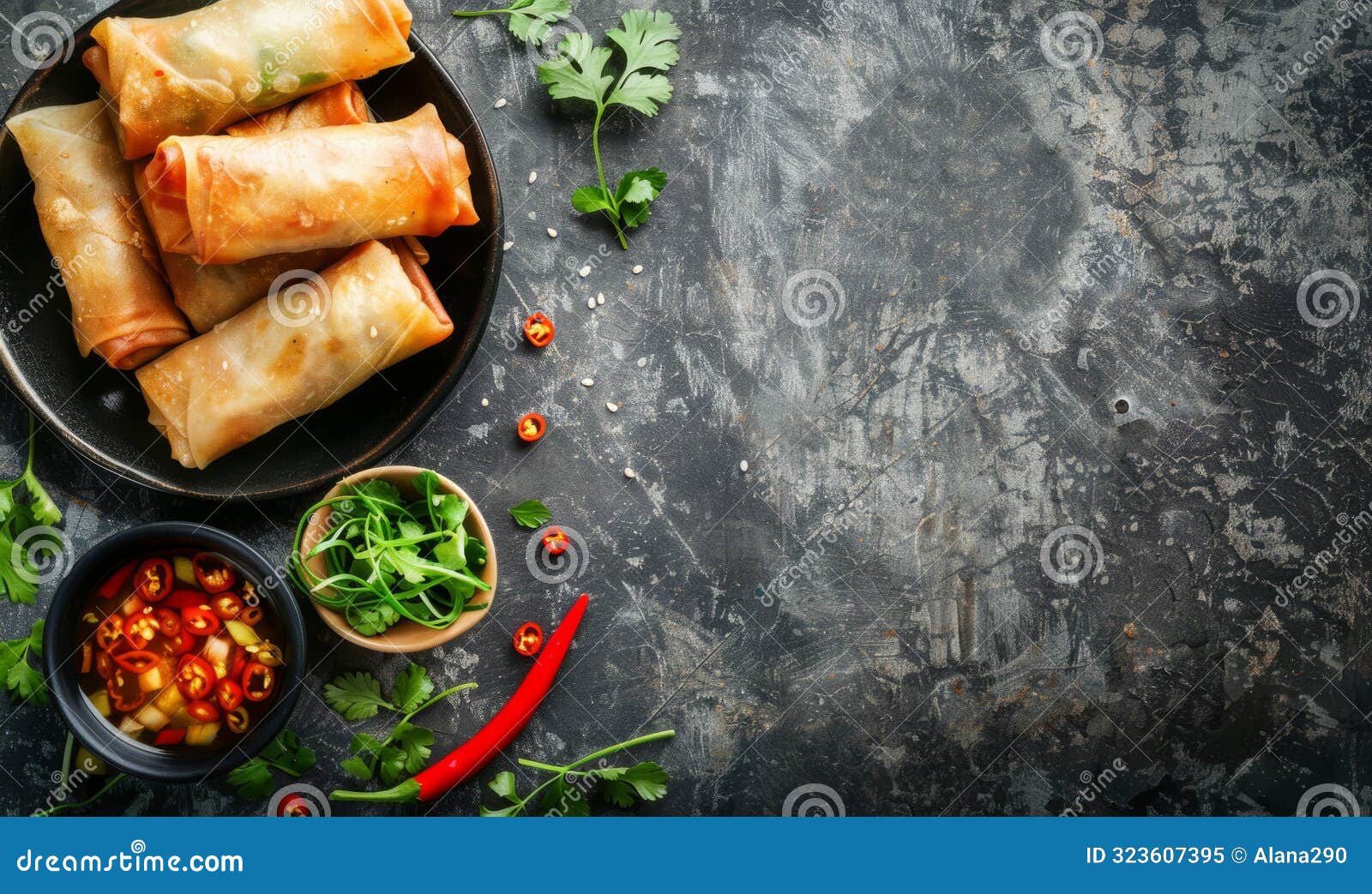 Traditional Chinese Spring Rolls on Rustic Background with Copyspace ...