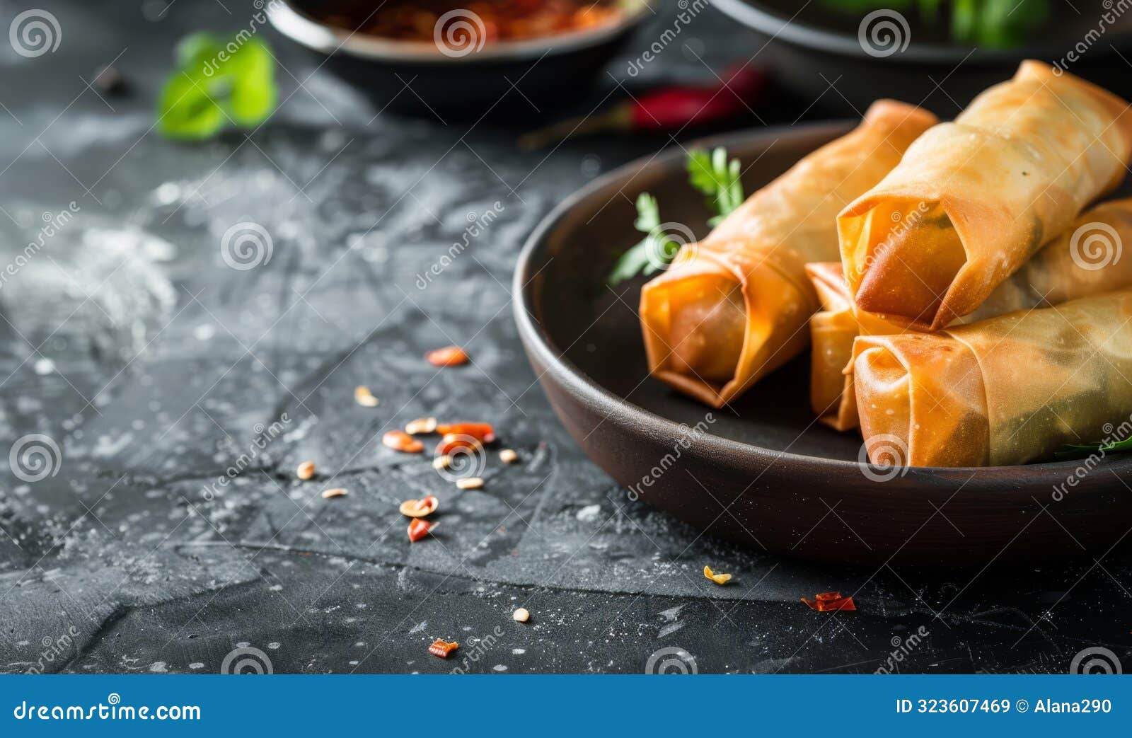Traditional Chinese Spring Rolls on Rustic Background with Copyspace ...