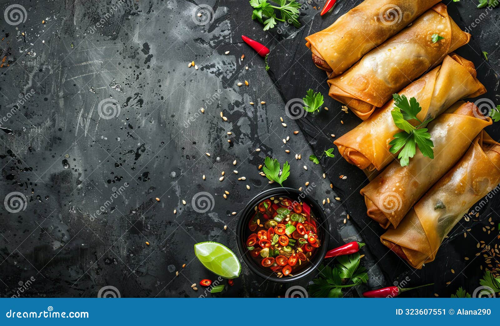 Traditional Chinese Spring Rolls on Rustic Background with Copyspace ...