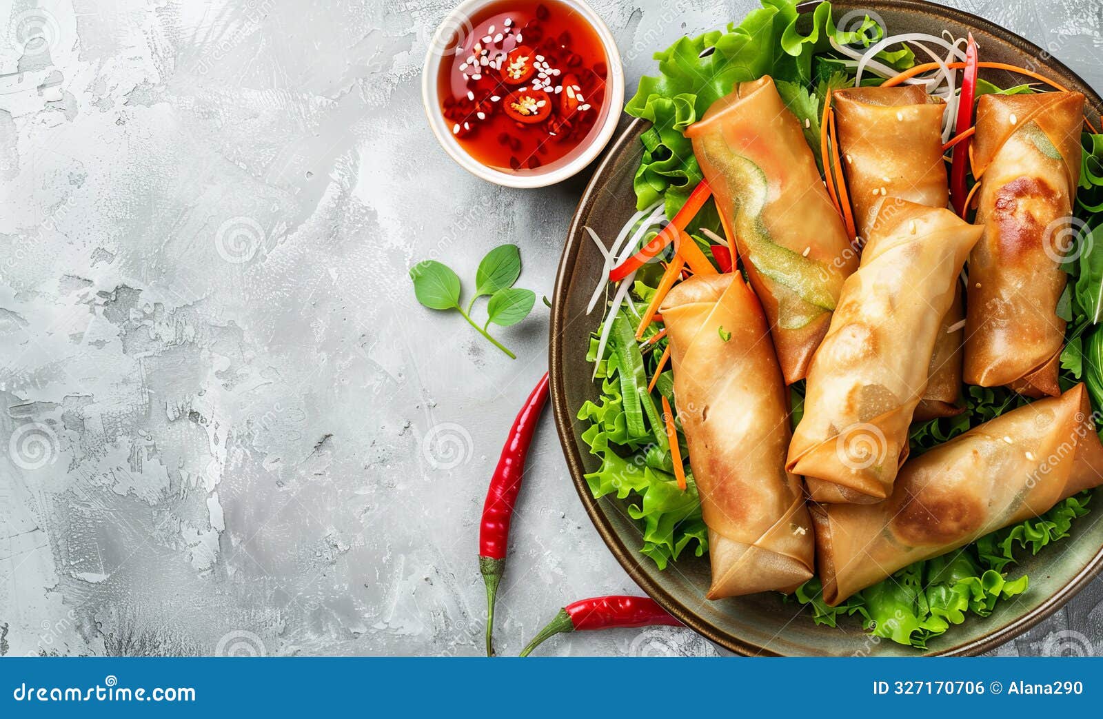 Traditional Chinese Spring Rolls on Rustic Background with Copyspace ...