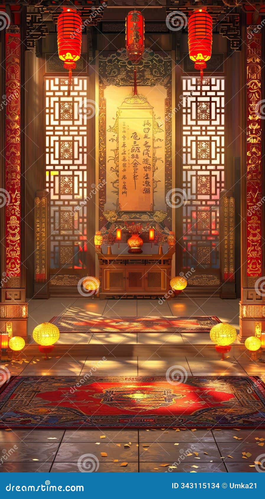 Traditional Chinese Temple Interior with Lanterns and Sunlit Patterns ...
