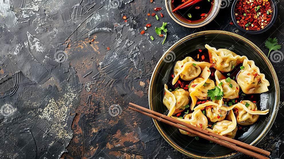 Traditional Chinese Wontons on Rustic Background with Copyspace Stock ...