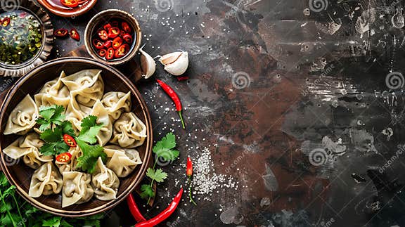Traditional Chinese Wontons on Rustic Background with Copyspace Stock ...