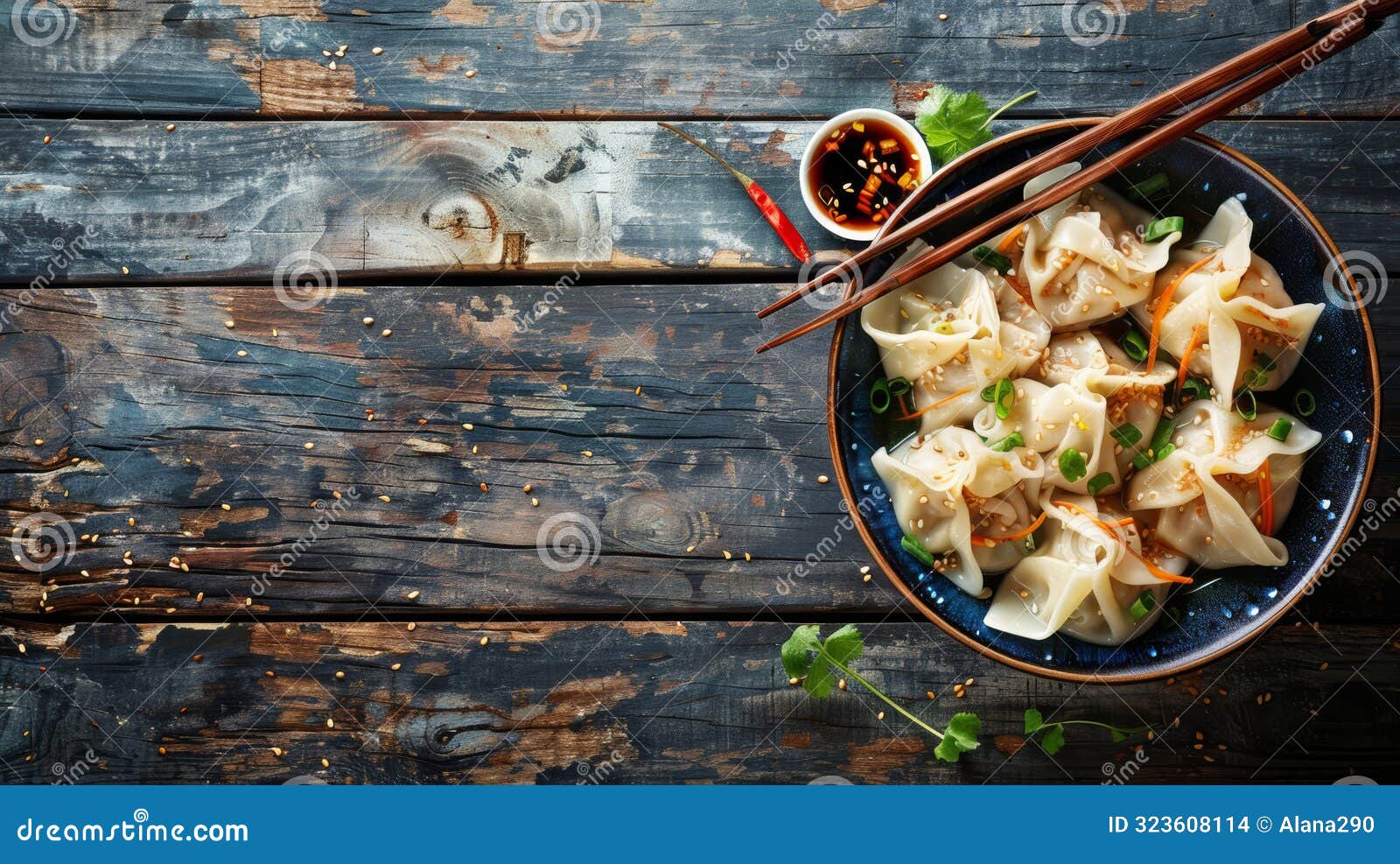 Traditional Chinese Wontons on Rustic Background with Copyspace Stock ...