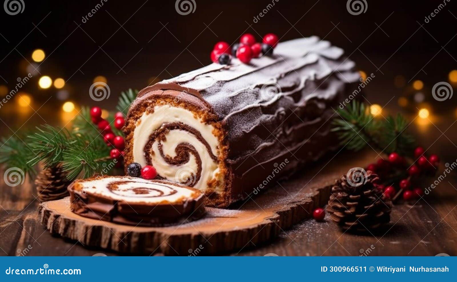 Traditional Chocolate Trunk Cake or Log Cake on Table with Christmas ...