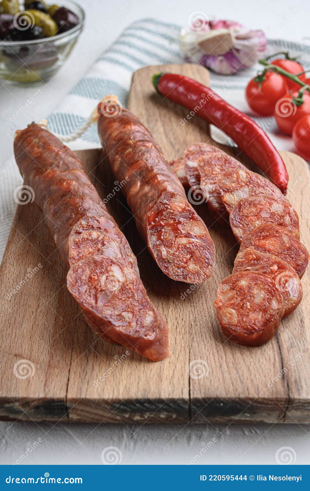 Traditional Chorizo Cuts with Spices and Ingredients on White Surface ...
