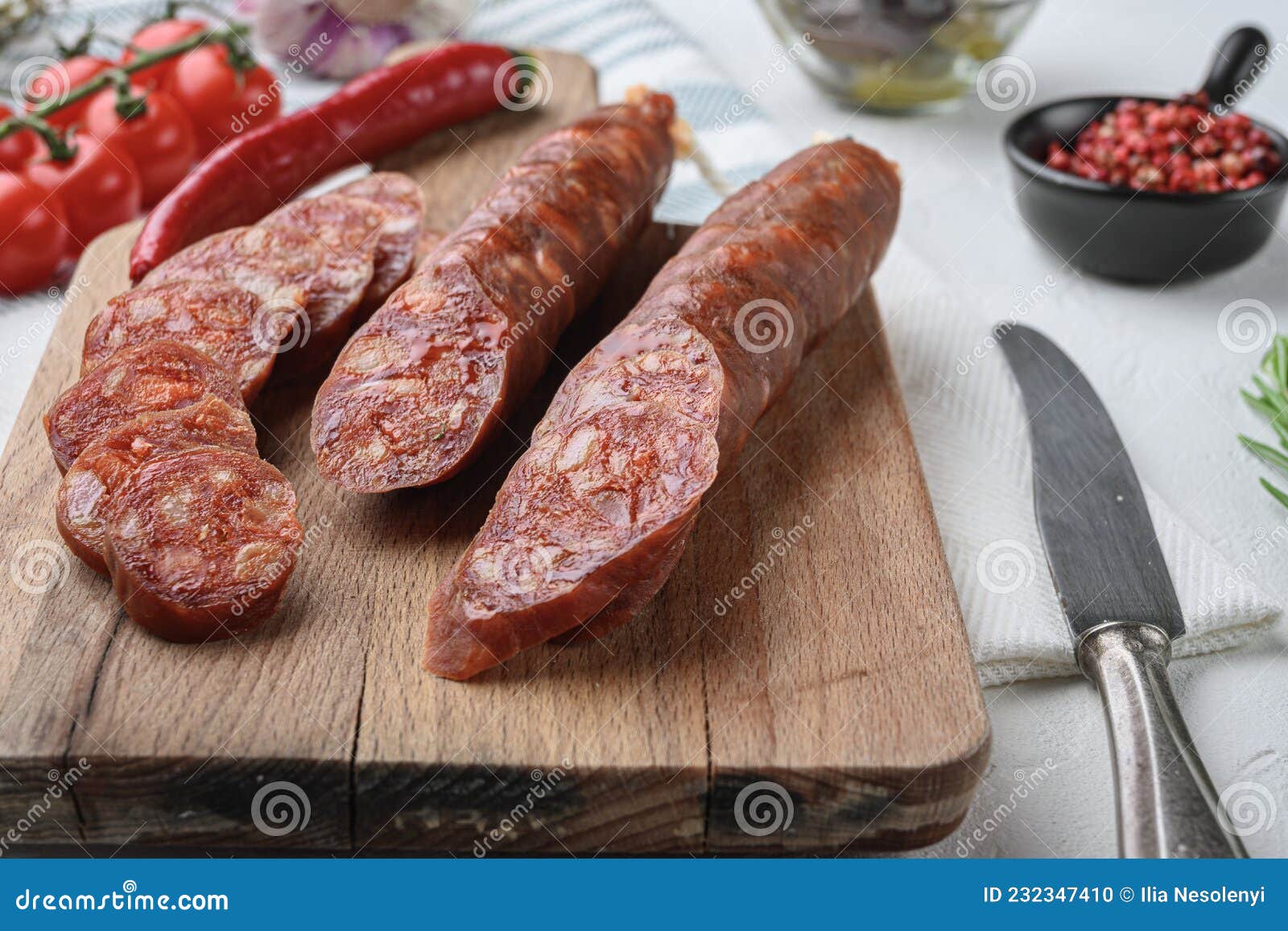 Traditional Chorizo Cuts with Spices and Ingredients on White Textured ...