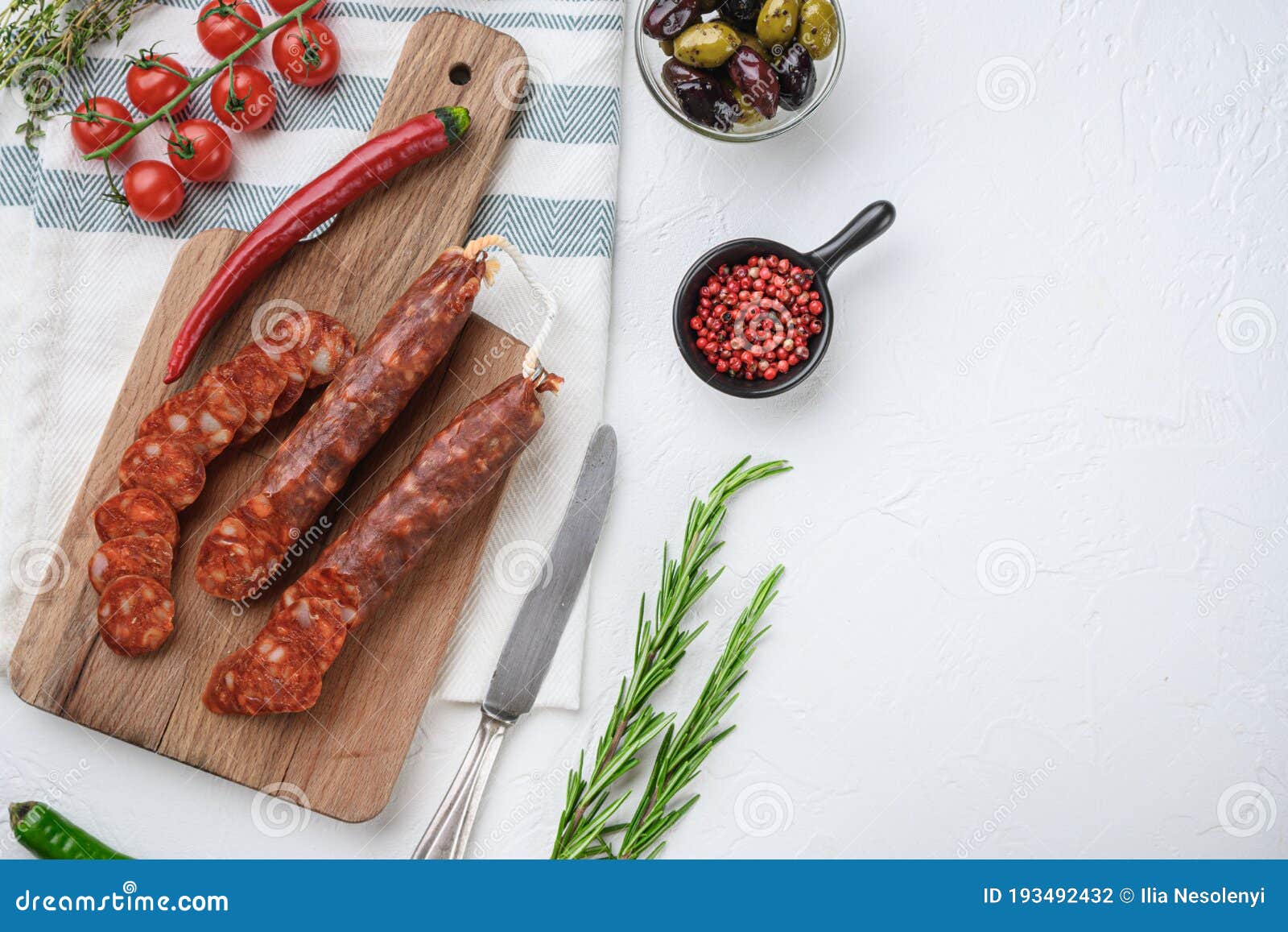 Traditional Chorizo Cuts with Spices and Ingredients on White Textured ...