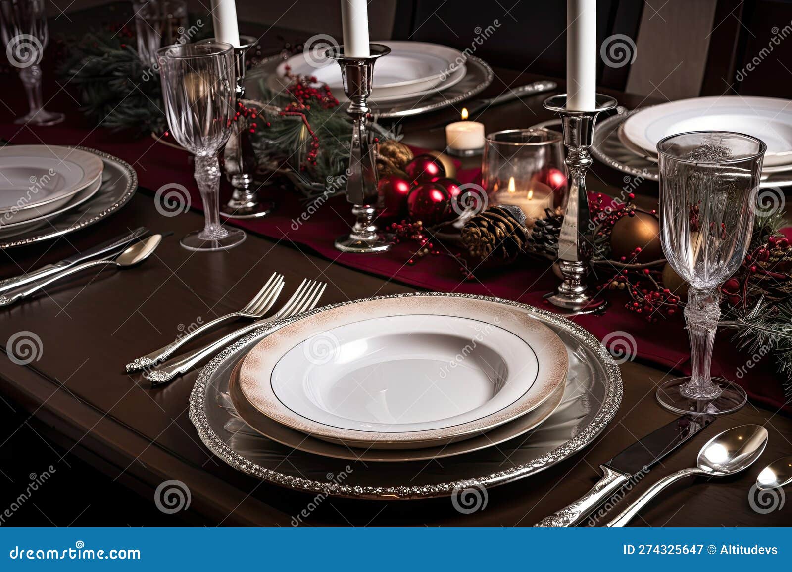 Traditional Christmas Dinner Table Setting with Plates, Glasses, and ...