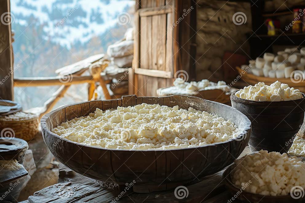 Traditional Circassian Cheese Making Process in a Rustic Setting Stock ...