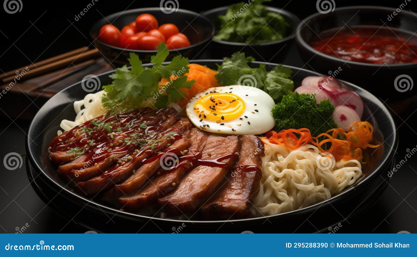 Traditional Classic Barbecued Ramen Dish in Plate on Blurry Background ...