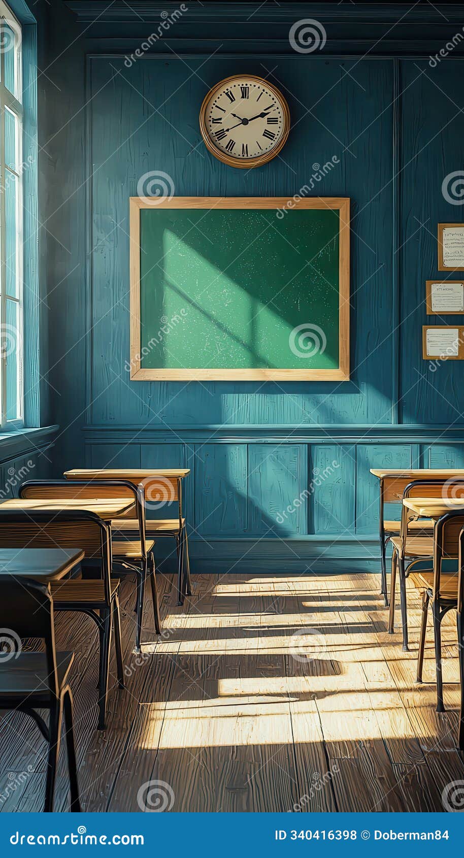 Traditional Classroom Setting with Empty Desks, Chairs, Green ...