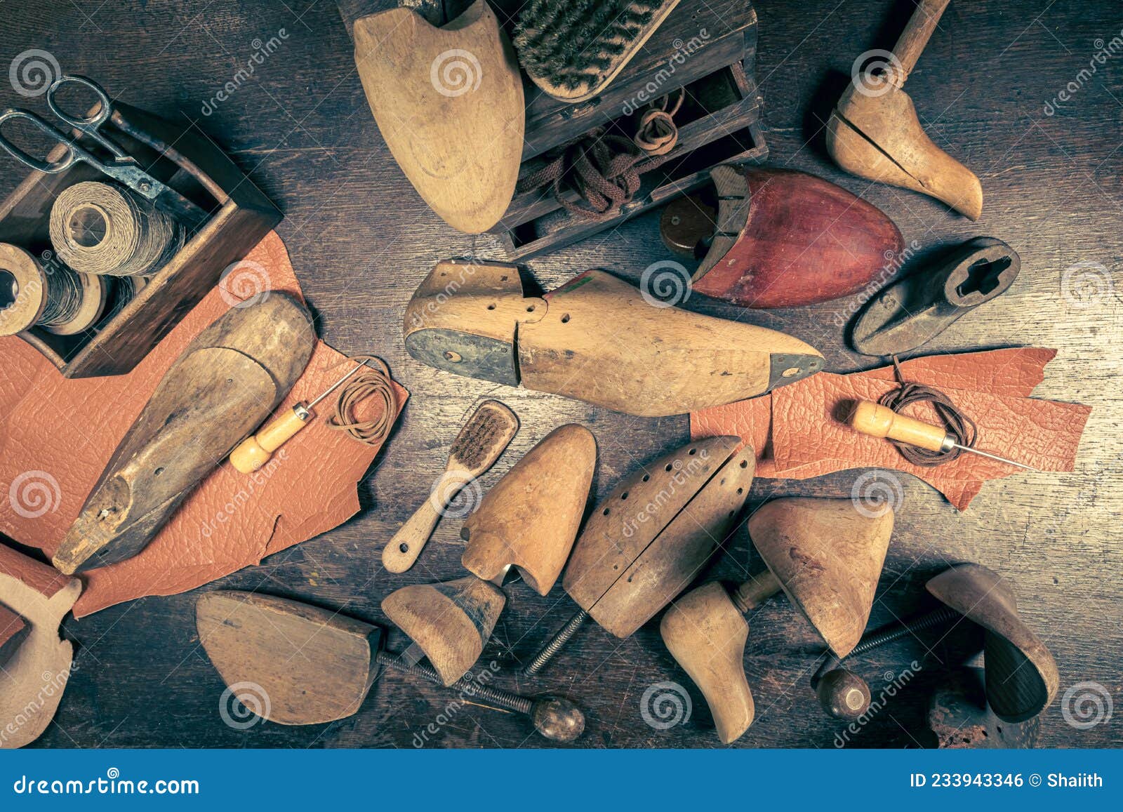 Traditional Cobbler Workplace with Tools, Rules, Leather and Strap ...
