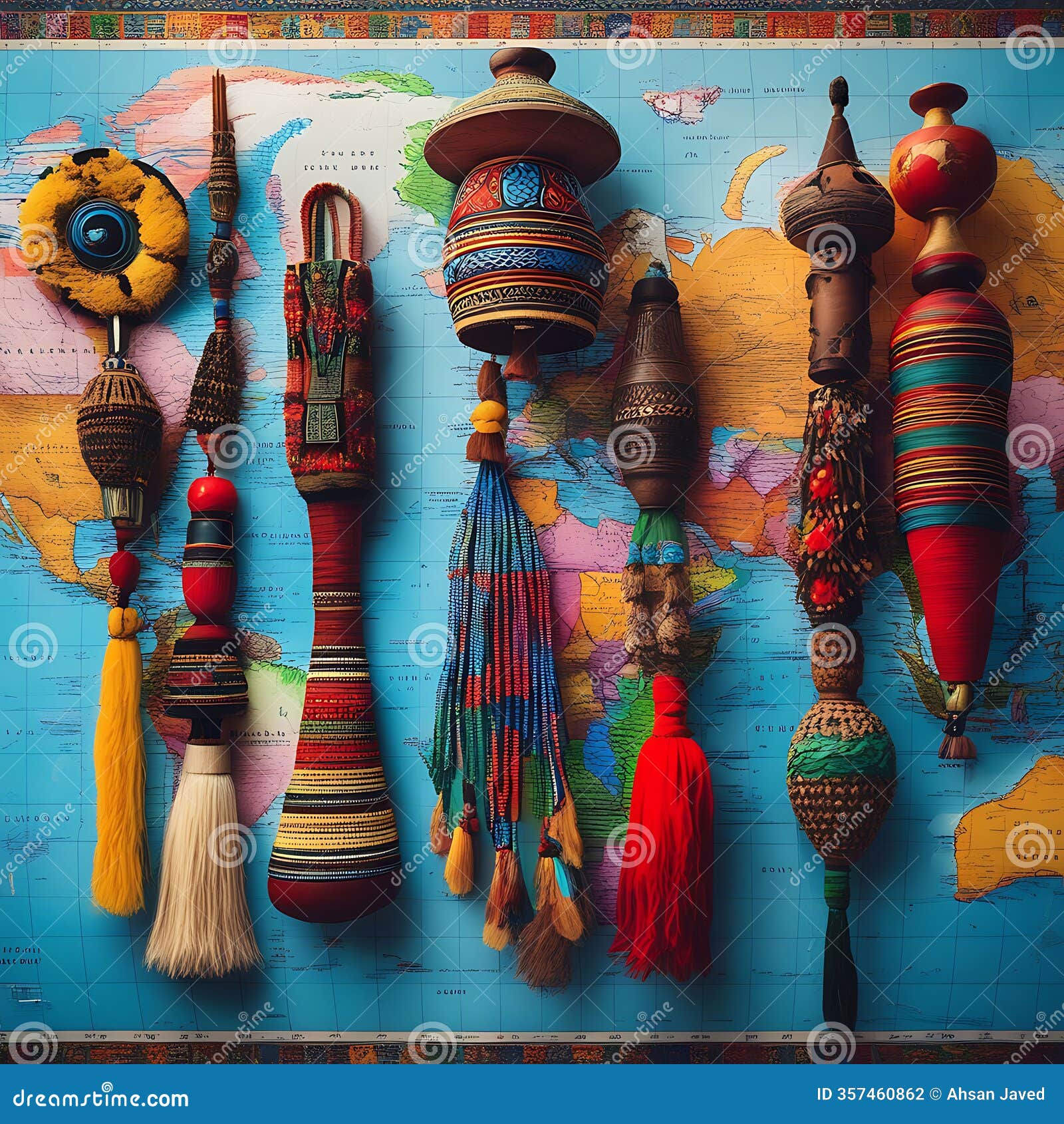 Traditional Cultural Artifacts From Around The World On Map Stock ...