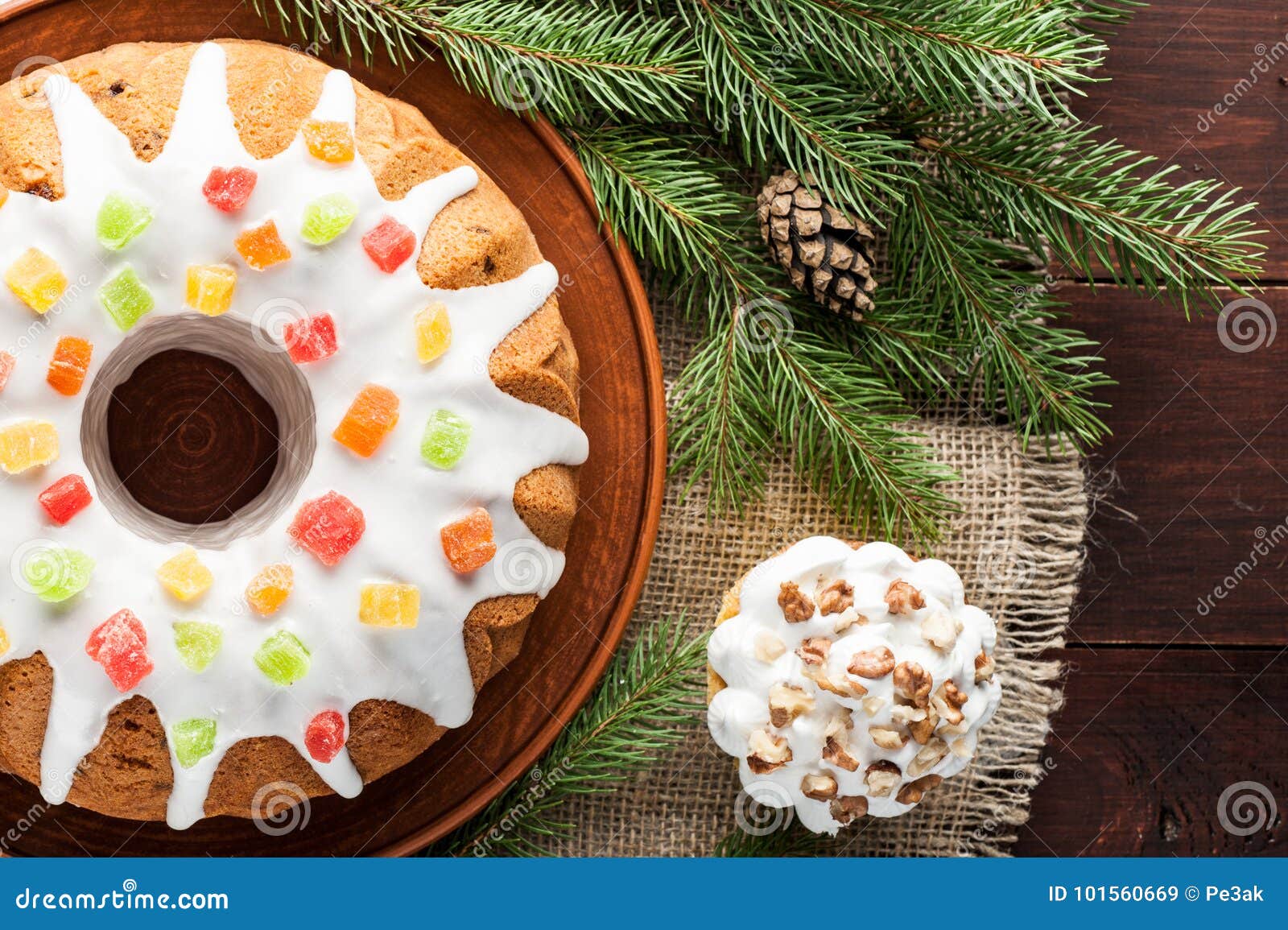 Traditional Decorated Christmas Cake at Wooden Table Stock Image ...