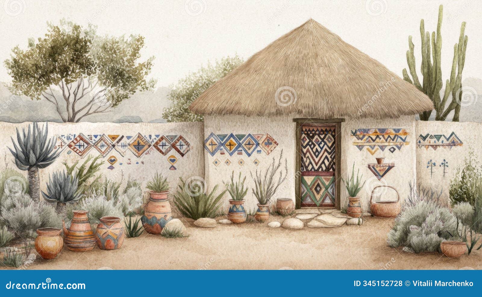 Traditional Desert Dwelling with Rustic Thatch Roof and Vibrant ...