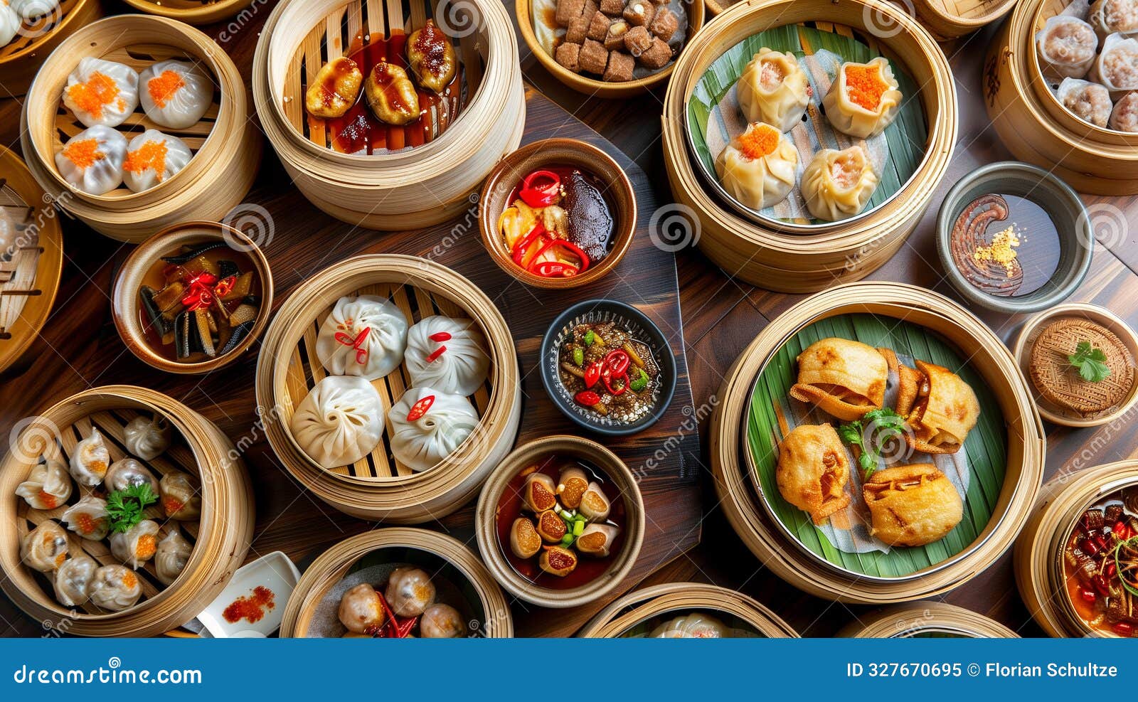 Traditional Dim Sum Spread in Bamboo Steamers Stock Illustration ...