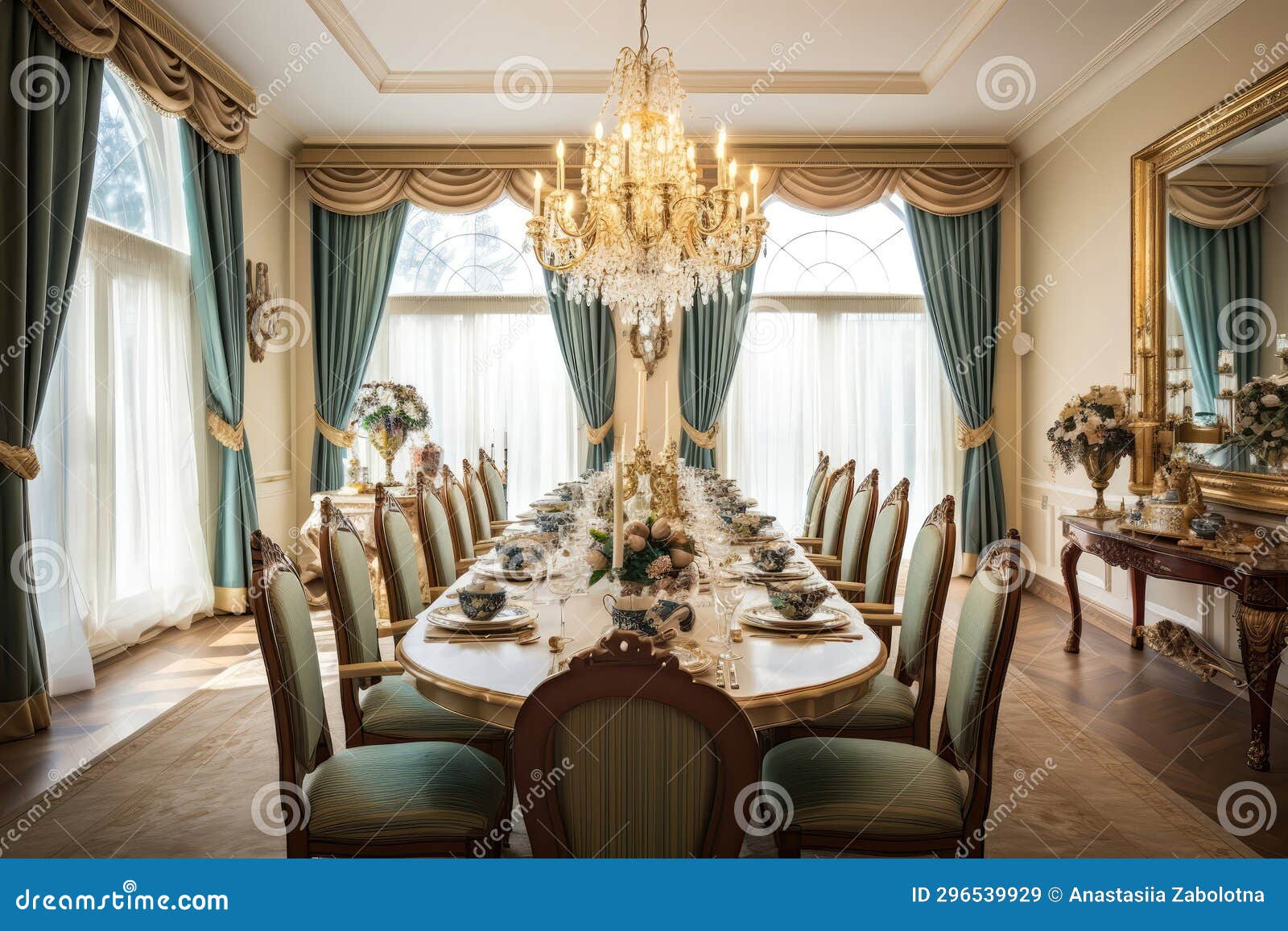 Traditional Dining Room with Formal Table Setting and Chandelier ...