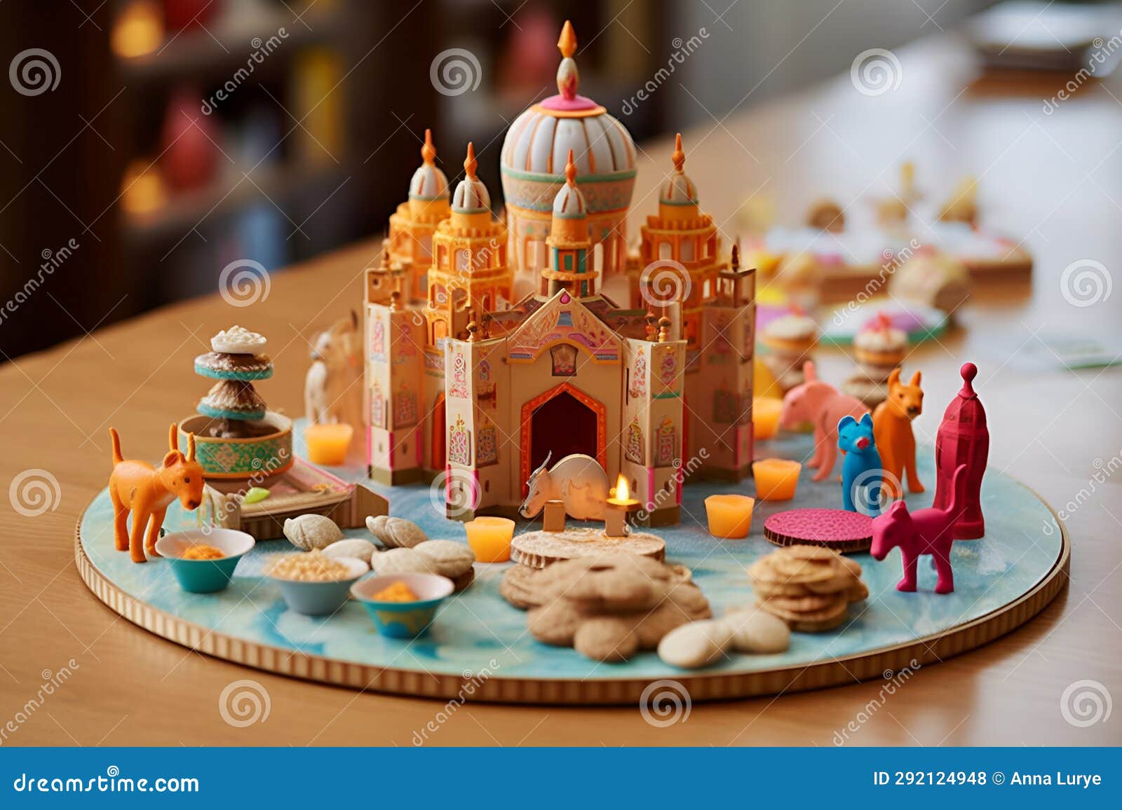 Diwali Sweets And Diyas On Rustic Wooden Table In Front Of Lit Temple ...