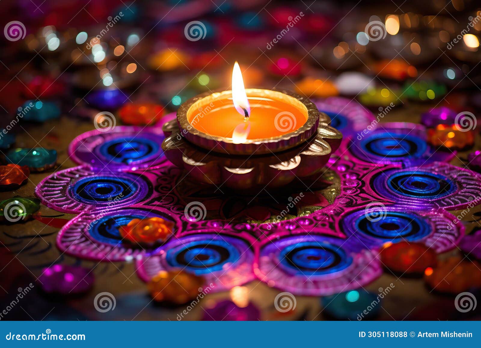 Traditional Diya Lamp Lit on Colorful Rangoli. Stock Photo - Image of ...