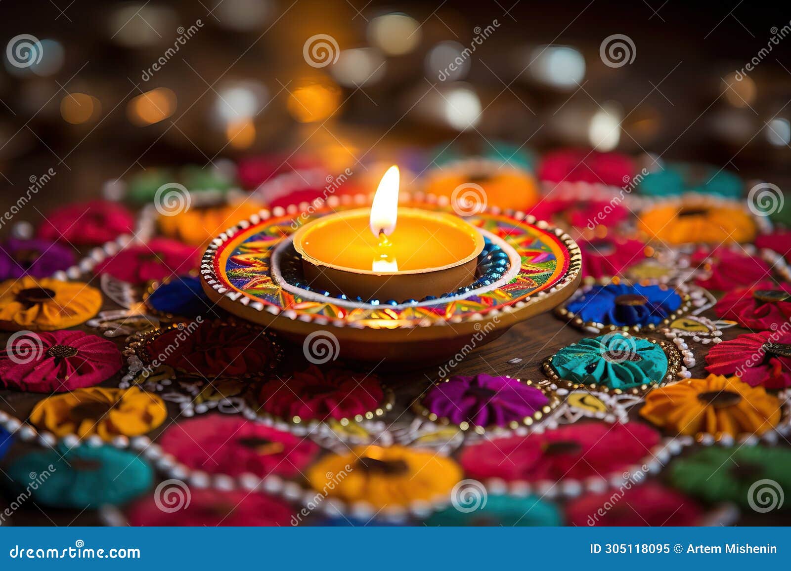Traditional Diya Lamp Lit on Colorful Rangoli. Stock Illustration ...