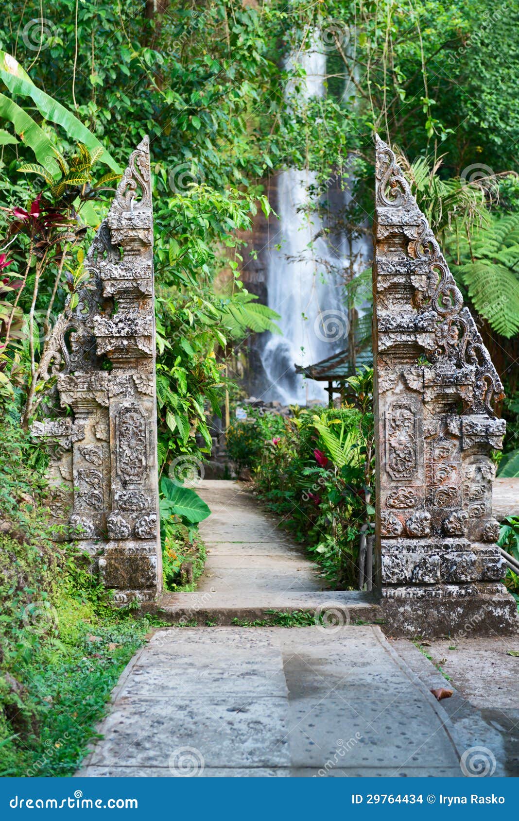 Traditional Double Stone Gate on Waterfall Stock Photo - Image of grass ...