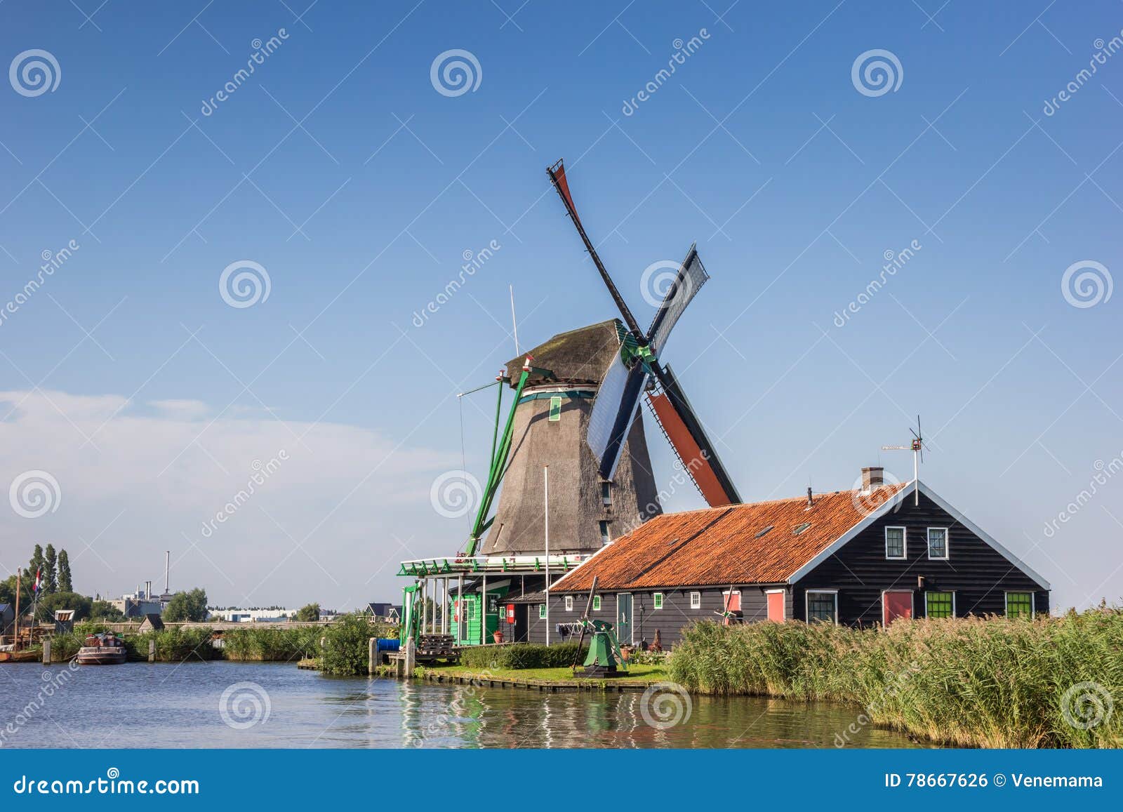 Traditional Dutch Windmill at the Zaan River Stock Photo - Image of ...