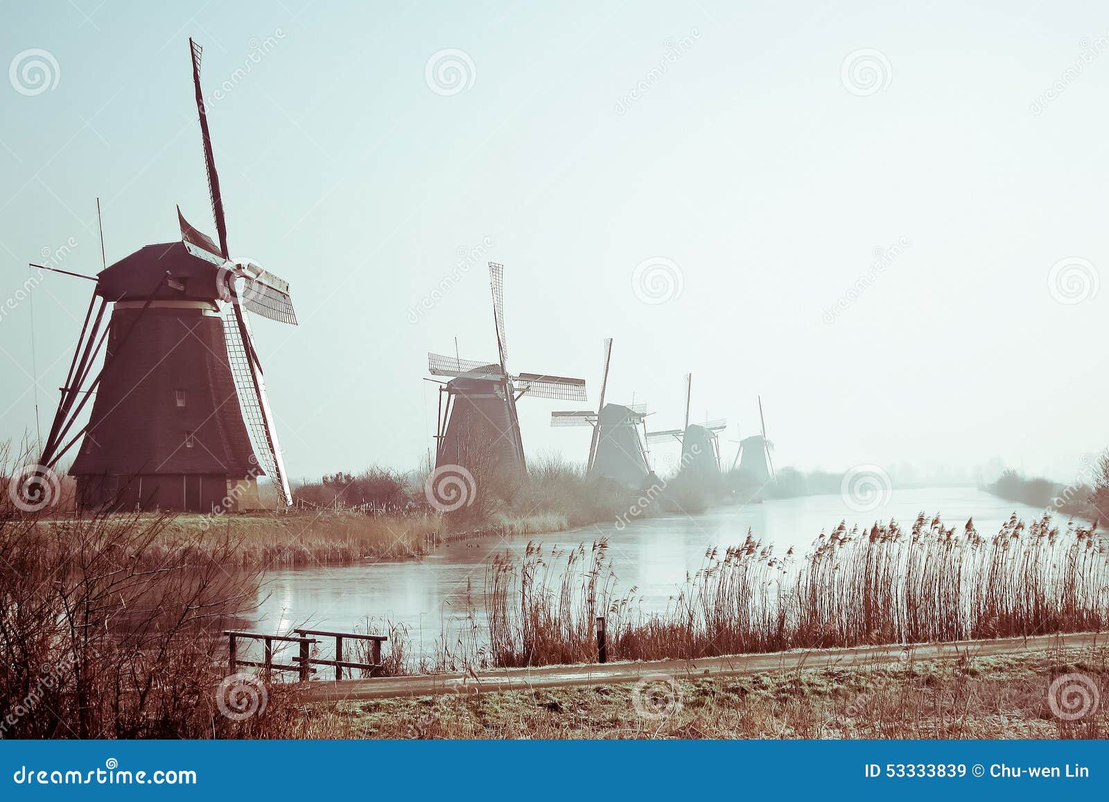Traditional Dutch Windmills at Dawn Stock Image - Image of landscape ...