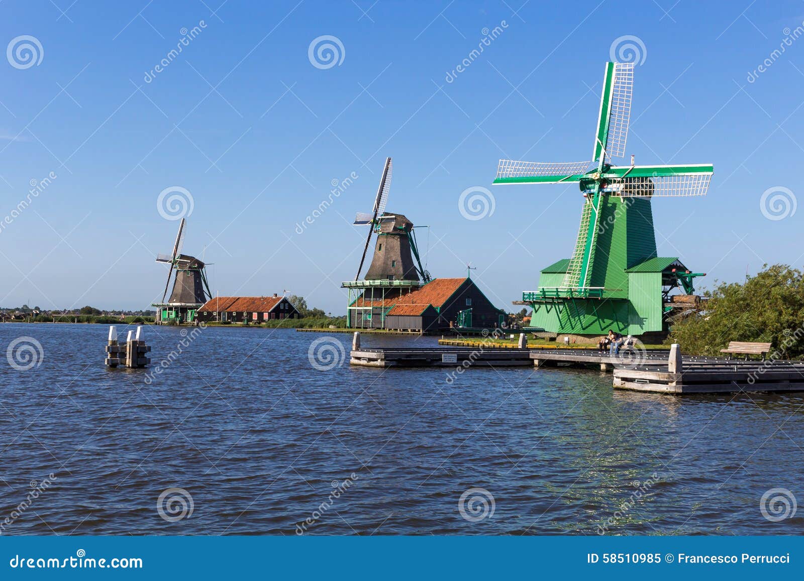 Traditional Dutch Windmills in Zaanse Schans, Amsterdam, Netherlands ...
