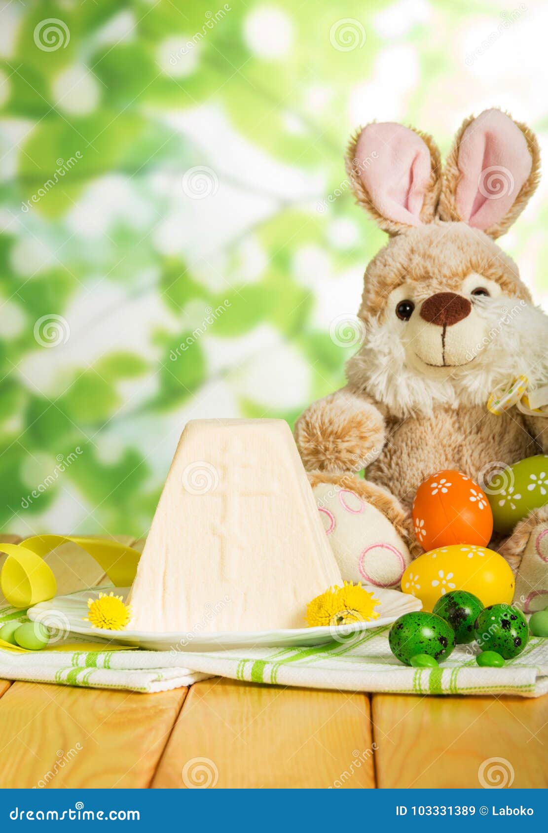 Traditional Easter Cheese Dessert, Bunny, Colored Eggs, Flowers, Ribbon ...