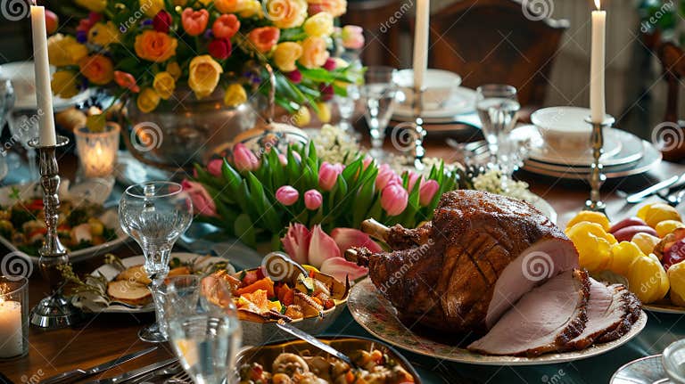 Traditional Easter Dinner Table with Roast and Ham Stock Image - Image ...
