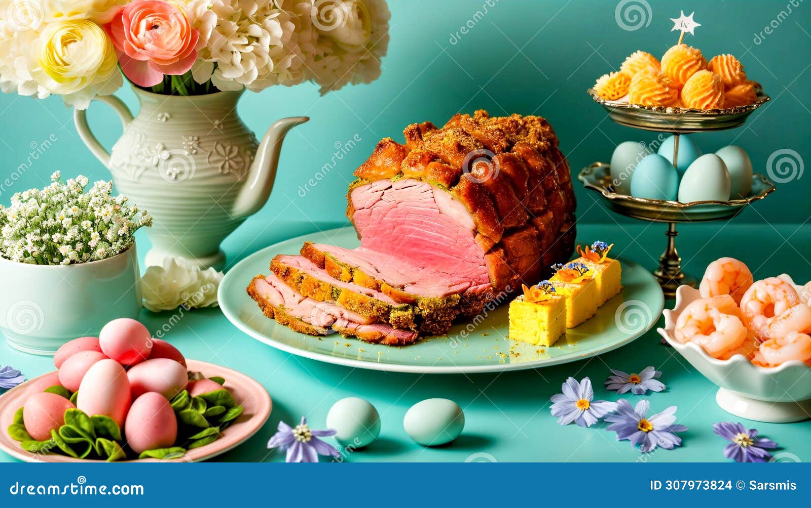Traditional Easter Dinner Table with Sliced Ham and Seasonal ...