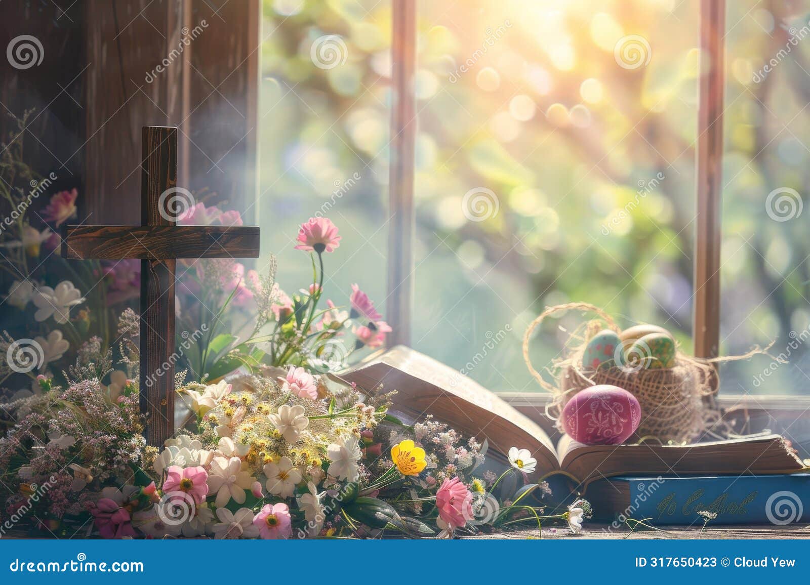 Traditional Easter Scene with a Cross, Bible, and Floral Decorations ...