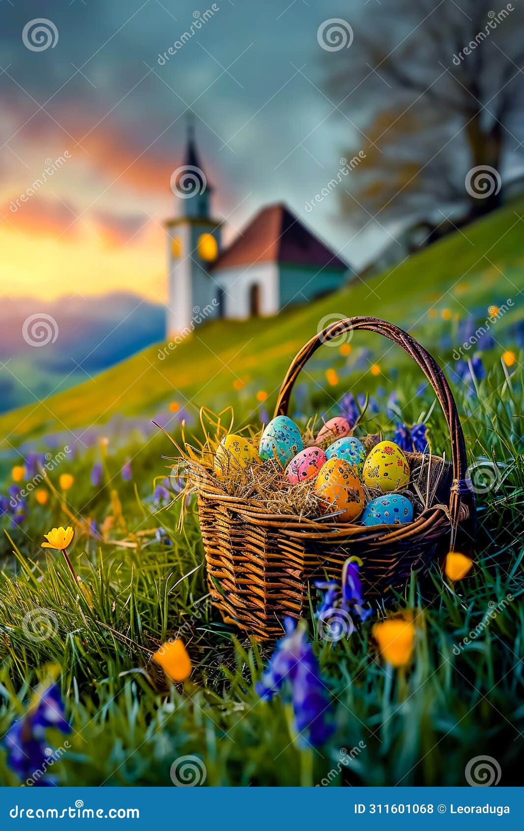 A Traditional Easter Setting with a Basket Full of Colorful Eggs and a ...
