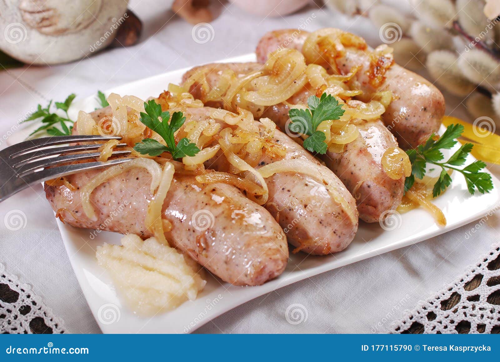 Traditional Easter White Sausage Baked with Onion Stock Photo - Image ...