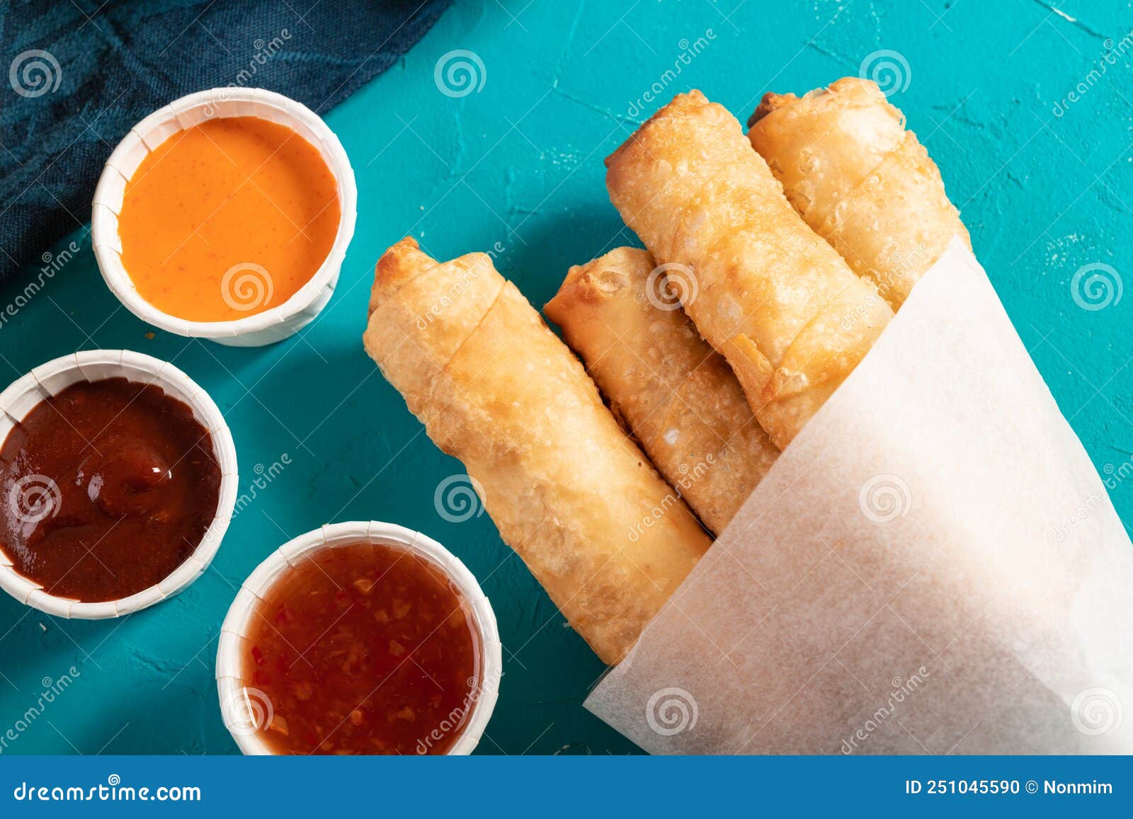 Traditional Eastern Cheese-filled Rolls with a Variety of Dips Stock ...