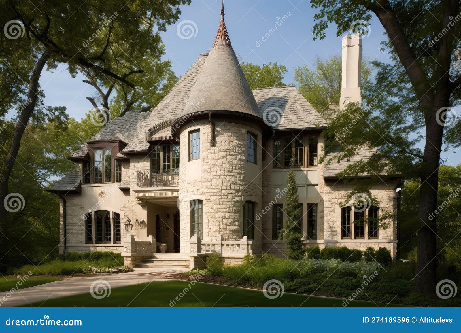 Traditional Exterior Of Tudor Style House Complete With Turret Cast Stone Columns And