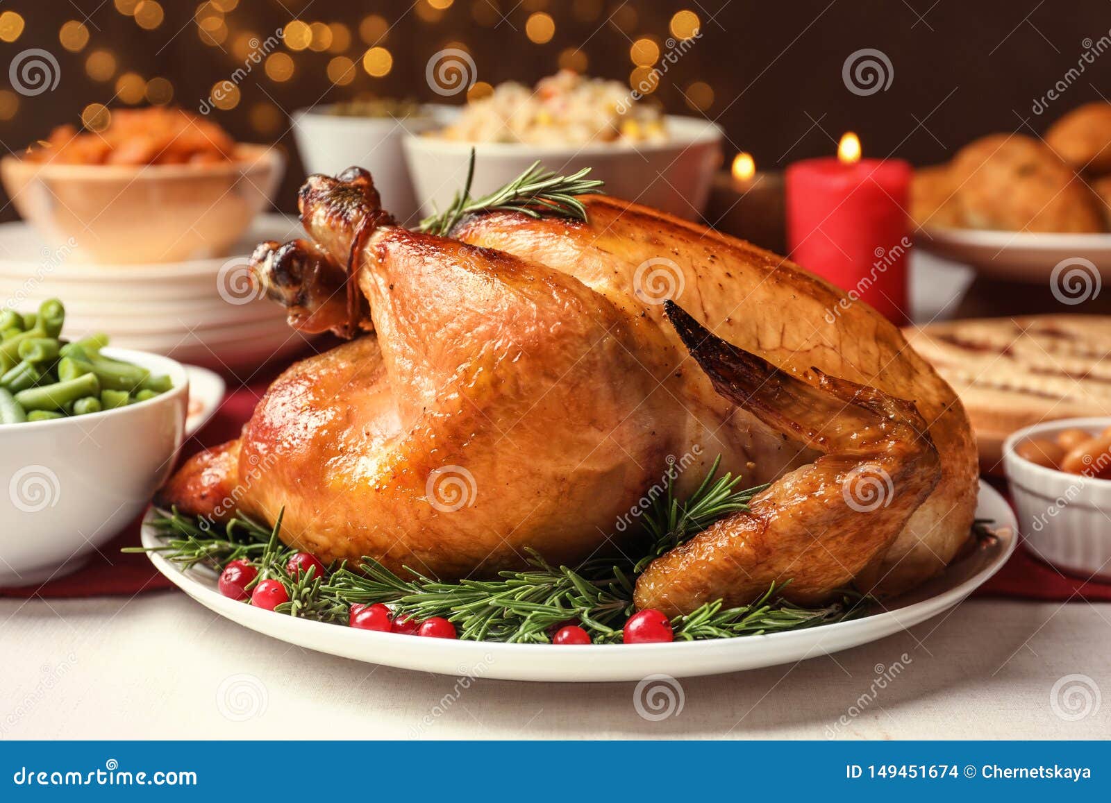Traditional Festive Dinner with Delicious Roasted Turkey Stock Photo ...