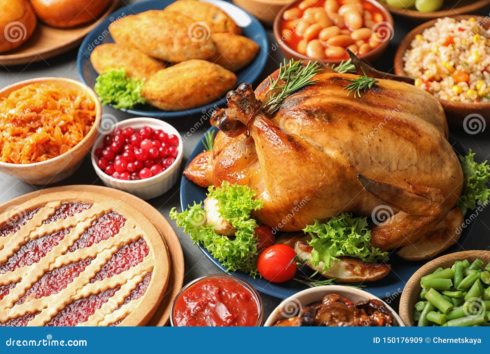 Traditional Festive Dinner with Delicious Roasted Turkey Served Stock ...