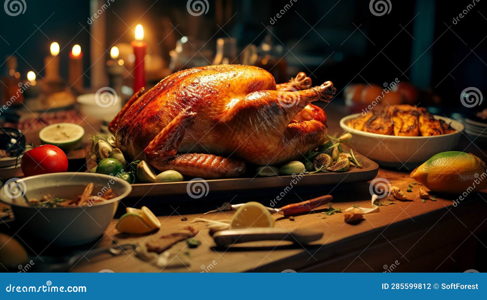Traditional Festive Dinner with Delicious Roasted Turkey Served on ...