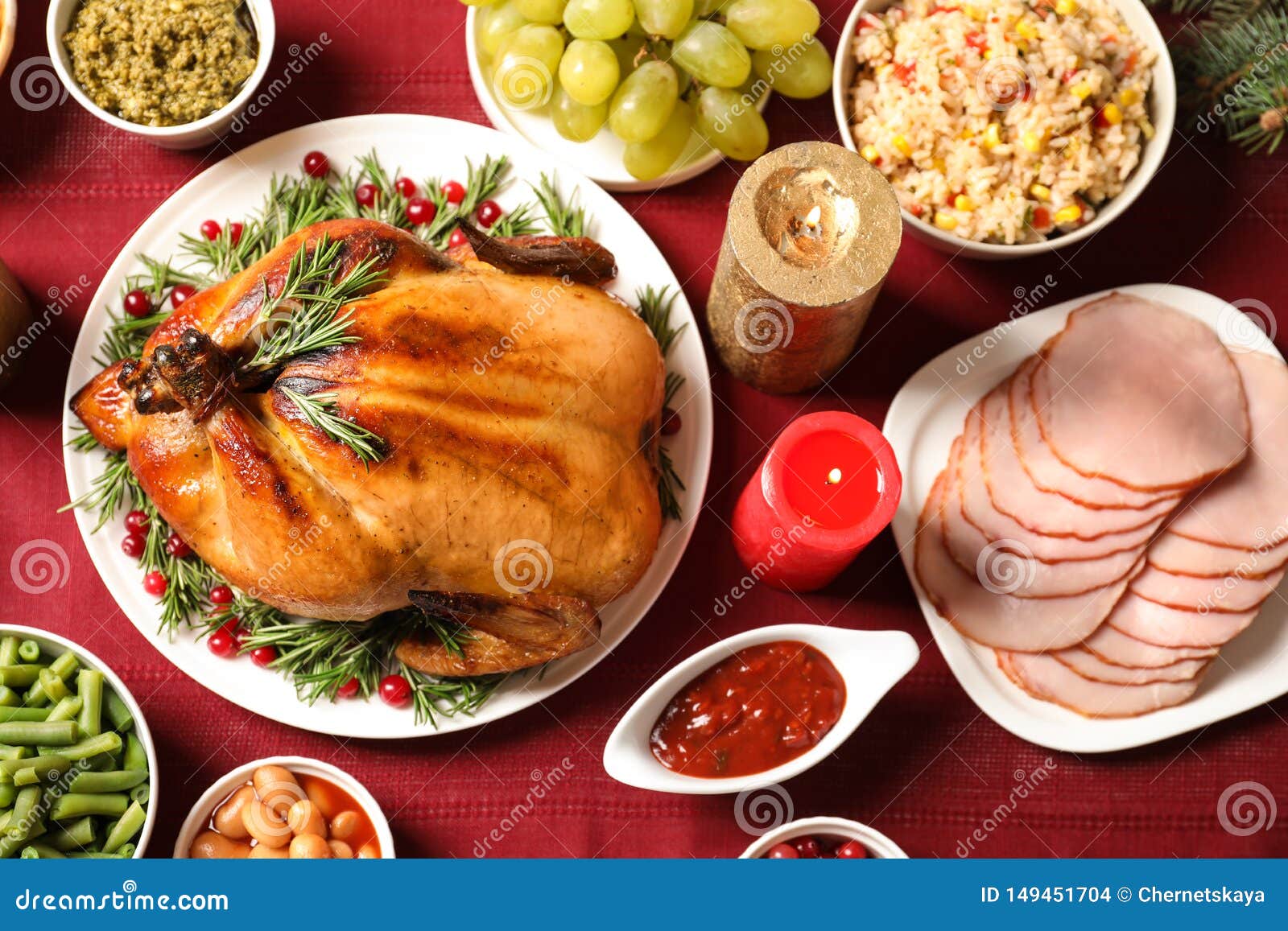 Traditional Festive Dinner with Delicious Roasted Turkey Served on ...